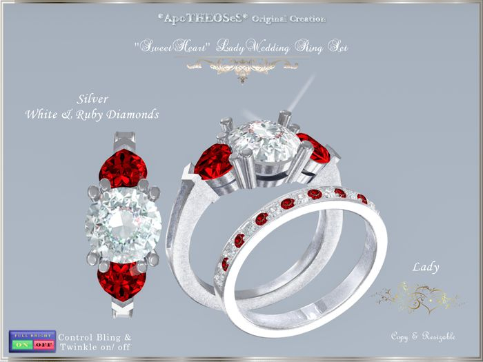 Second Life Marketplace - ''SweetHeart'' Silver Lady Wedding Ring Set White & Ruby